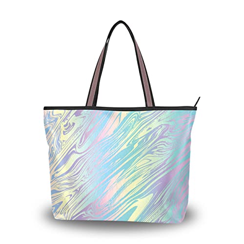 Bolaz Tote Bag with Pockets for Women Rainbow Marble Colorful Art Shoulder Bag Handbags Zipper Work Small Travel Office Business