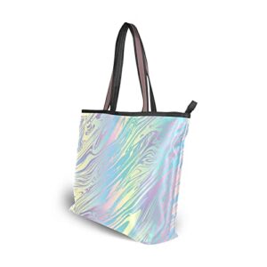 Bolaz Tote Bag with Pockets for Women Rainbow Marble Colorful Art Shoulder Bag Handbags Zipper Work Small Travel Office Business