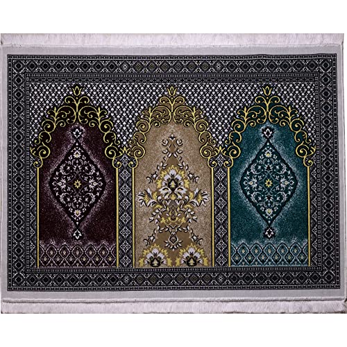 Modefa Turkish Islamic Prayer Rug - Wide Plush Velvet Praying Mat - Multi Person Muslim Janamaz Sajada for Family or Mosque - Large Gathering & Group Praying Carpet - Floral Arch - 3 Person (17-11)