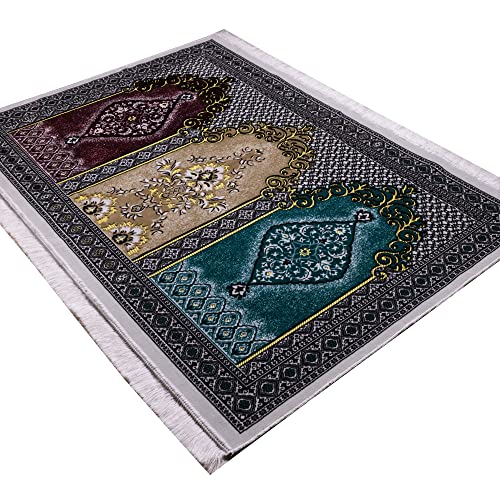 Modefa Turkish Islamic Prayer Rug - Wide Plush Velvet Praying Mat - Multi Person Muslim Janamaz Sajada for Family or Mosque - Large Gathering & Group Praying Carpet - Floral Arch - 3 Person (17-11)