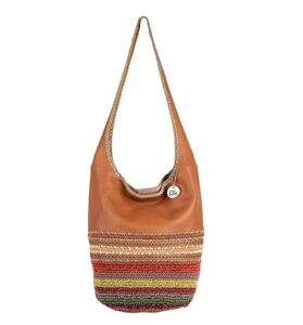 the sak back to bali 120 hobo bag in leather & hand-crochet, large shoulder purse, tobacco seminyak