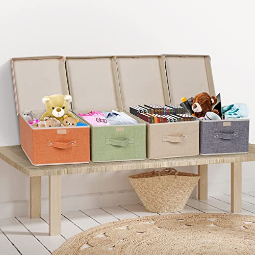 Livememory 4 Pack Decorative Storage Boxes with Lids - Linen Small Storage Bins with lids 13.5" L x 13" W x 7.3" H