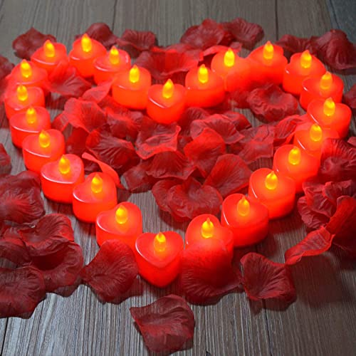 Homeleo 24PCS Red Heart Shaped Flameless Candles Lights,Romantic LED Tealight Candle with 200Pcs Artificial Flower Rose Petals for Valentines Day Decor Wedding Bedroom Decorations Table Centerpieces