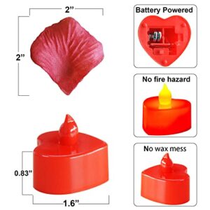 Homeleo 24PCS Red Heart Shaped Flameless Candles Lights,Romantic LED Tealight Candle with 200Pcs Artificial Flower Rose Petals for Valentines Day Decor Wedding Bedroom Decorations Table Centerpieces