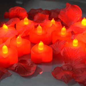 Homeleo 24PCS Red Heart Shaped Flameless Candles Lights,Romantic LED Tealight Candle with 200Pcs Artificial Flower Rose Petals for Valentines Day Decor Wedding Bedroom Decorations Table Centerpieces