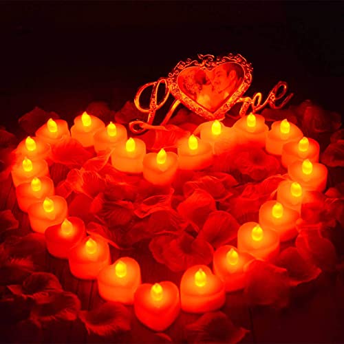 Homeleo 24PCS Red Heart Shaped Flameless Candles Lights,Romantic LED Tealight Candle with 200Pcs Artificial Flower Rose Petals for Valentines Day Decor Wedding Bedroom Decorations Table Centerpieces