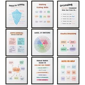 andi cppss 9pcs mental health posters for wall art, emotional counseling wall decor, therapy counseling positive encouragement wall art, cbt therapy wall decor for office, anxiety treatment posters