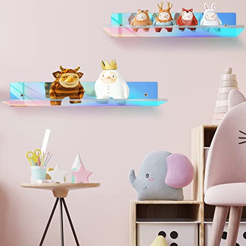 Rainbow Iridescent Acrylic Shelves Floating Wall Ledge Bookshelf Wall Mounted Shelf Display Organizer for Kids Room Bathroom Bedroom Living Room Nursery Office Kitchen (4 Pieces)