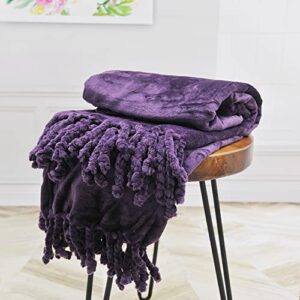 bytide throw blankets couch cover flannel fleece throw with braided rope fringe tassels, plush cozy warm soft smooth throw for couch sofa bed chair home décor, 50″ x 60″, dark purple