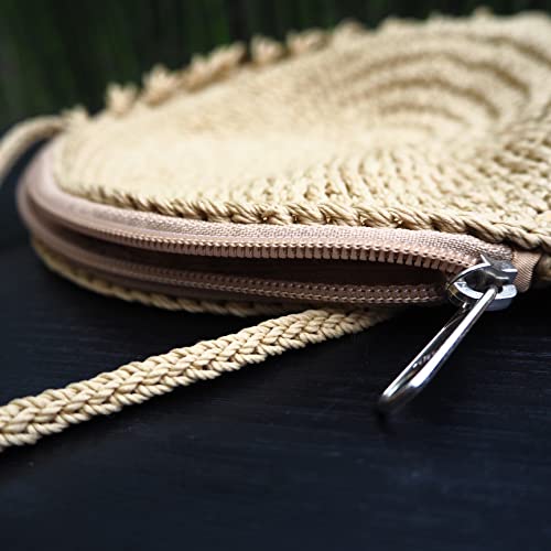 Straw Beach Bag Purse Tassel Fringe Macrame Boho Hippie Design, For Women Summer Party, Evening Nights Out, Crossbody Shoulder (20cm Round, Light brown)