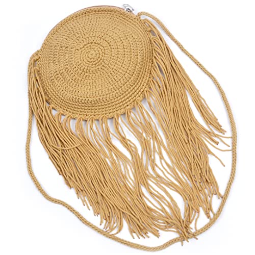 Straw Beach Bag Purse Tassel Fringe Macrame Boho Hippie Design, For Women Summer Party, Evening Nights Out, Crossbody Shoulder (20cm Round, Light brown)