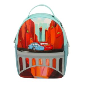 loungefly disney pixar cars firewall falls womens double strap convertible mini backpack purse brown, light blue