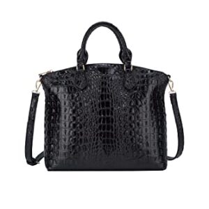 Satchel Bag Women’s Vegan Leather Crocodile-Embossed Pattern With Top Handle Large Shoulder Bags Tote Handbags (Black)