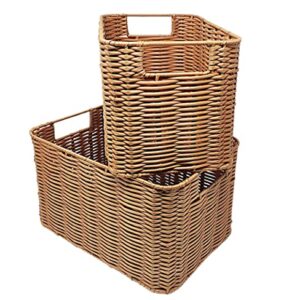 KOVOT Storage Woven Baskets Wicker Storage | Set of 2 Poly-Wicker Storage Baskets with Built-in Carry Handles | Laundry Storage Pantry Baskets Woven Polypropylene | 12"L x 8"W x 7"H & 11"L x 7"W x 7"H