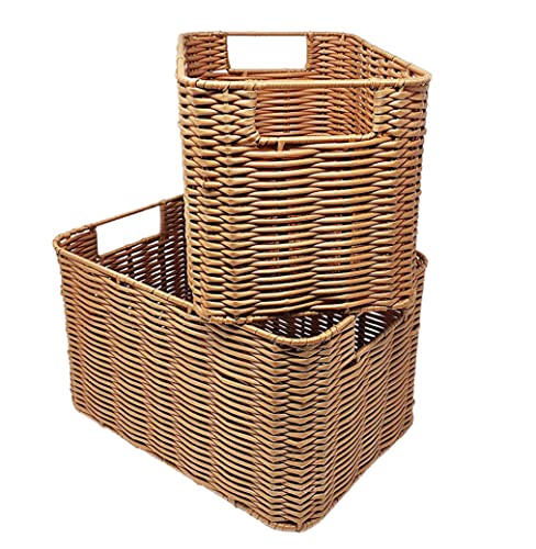 KOVOT Storage Woven Baskets Wicker Storage | Set of 2 Poly-Wicker Storage Baskets with Built-in Carry Handles | Laundry Storage Pantry Baskets Woven Polypropylene | 12"L x 8"W x 7"H & 11"L x 7"W x 7"H