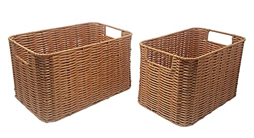 KOVOT Storage Woven Baskets Wicker Storage | Set of 2 Poly-Wicker Storage Baskets with Built-in Carry Handles | Laundry Storage Pantry Baskets Woven Polypropylene | 12"L x 8"W x 7"H & 11"L x 7"W x 7"H