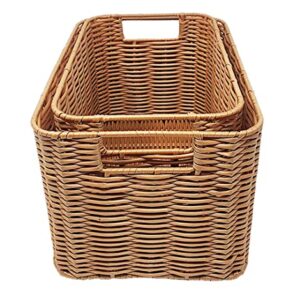 KOVOT Storage Woven Baskets Wicker Storage | Set of 2 Poly-Wicker Storage Baskets with Built-in Carry Handles | Laundry Storage Pantry Baskets Woven Polypropylene | 12"L x 8"W x 7"H & 11"L x 7"W x 7"H