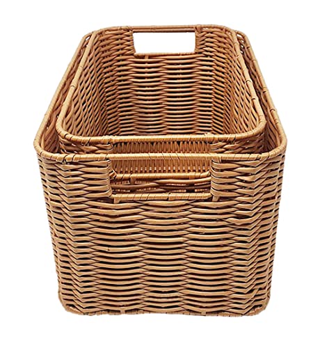 KOVOT Storage Woven Baskets Wicker Storage | Set of 2 Poly-Wicker Storage Baskets with Built-in Carry Handles | Laundry Storage Pantry Baskets Woven Polypropylene | 12"L x 8"W x 7"H & 11"L x 7"W x 7"H