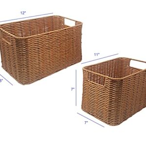 KOVOT Storage Woven Baskets Wicker Storage | Set of 2 Poly-Wicker Storage Baskets with Built-in Carry Handles | Laundry Storage Pantry Baskets Woven Polypropylene | 12"L x 8"W x 7"H & 11"L x 7"W x 7"H