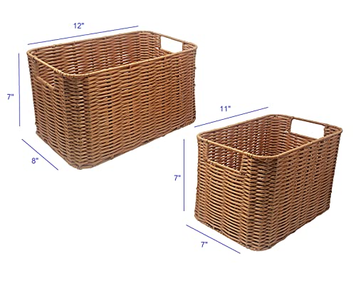 KOVOT Storage Woven Baskets Wicker Storage | Set of 2 Poly-Wicker Storage Baskets with Built-in Carry Handles | Laundry Storage Pantry Baskets Woven Polypropylene | 12"L x 8"W x 7"H & 11"L x 7"W x 7"H