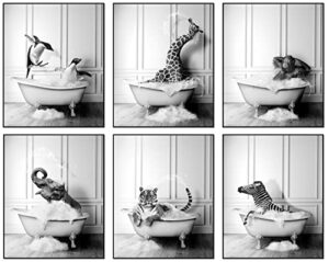 funny bathroom decor wall art – unframed set of 6 (8 x 10 inch) – bathroom wall decor, black and white bathroom decor, kids bathroom decor, animal giraffe penguin elephant bathroom pictures for wall decor by liya design prints