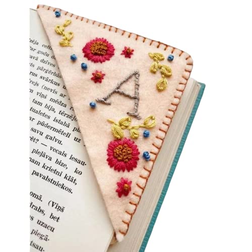 AYOKANITY Hand Embroidered Corner Bookmark 26 Letters Cute Flower Embroidered Corner Bookmark Embroidery Book Marker Clip