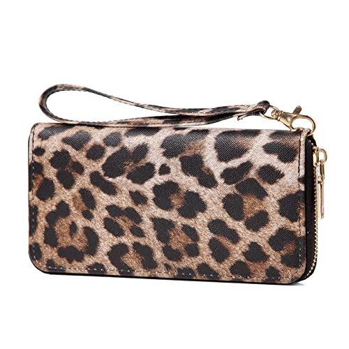 Foyinbet Leopard Print Wallets for Women Cheetah Animal Print Wallet and Purse Leather Zipper Closure Card Slots Brown