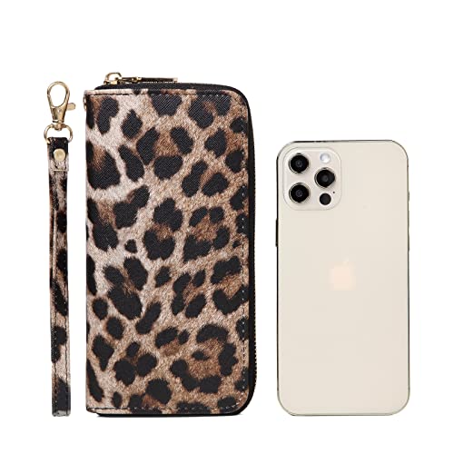 Foyinbet Leopard Print Wallets for Women Cheetah Animal Print Wallet and Purse Leather Zipper Closure Card Slots Brown