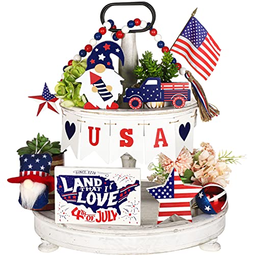 10 Pcs Patriotic Tiered Tray Decor Bundle 4th of July Wood Signs Mini Signs American Star Decor Veterans Day Red White Blue Decorations for Independence Day Decor (Cute Style)