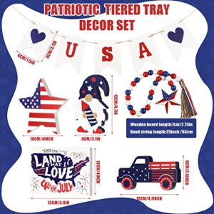 10 Pcs Patriotic Tiered Tray Decor Bundle 4th of July Wood Signs Mini Signs American Star Decor Veterans Day Red White Blue Decorations for Independence Day Decor (Cute Style)