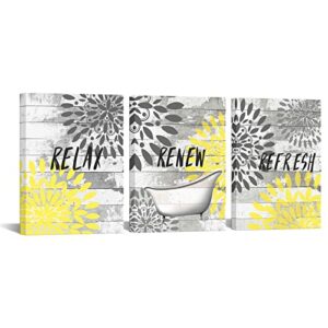 3 pieces yellow relax bathroom wall art prints dahlia flowers relax refresh renew signs on rustic wood background stretched and framed canvas pictures for bedroom living room ready to hang each panel 12x16inch (small)