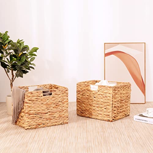 Storage Baskets，Hyacinth Basket For Shelf,Wicker Baskets 13.6x11x11 Inches,Folding 2 Packs Handmade Woven, Seagrass Baskets,Shelf Baskets For Storage Toys Books And Clothes and Other What You Want