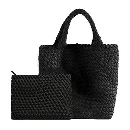 Fashion Hobo Bag Handmade Woven Casual Female Handbag Large Capacity Neoprene Tote Bag Patchwork Women Shoulder Bags (Black)