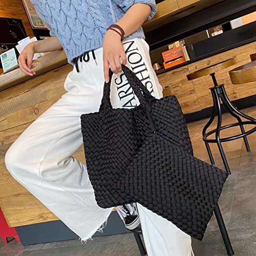 Fashion Hobo Bag Handmade Woven Casual Female Handbag Large Capacity Neoprene Tote Bag Patchwork Women Shoulder Bags (Black)