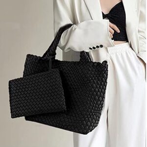 Fashion Hobo Bag Handmade Woven Casual Female Handbag Large Capacity Neoprene Tote Bag Patchwork Women Shoulder Bags (Black)