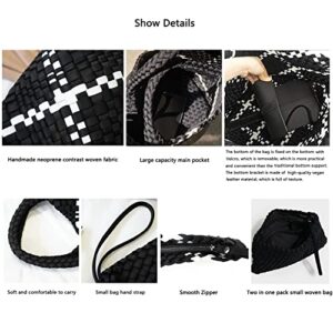 Fashion Hobo Bag Handmade Woven Casual Female Handbag Large Capacity Neoprene Tote Bag Patchwork Women Shoulder Bags (Black)