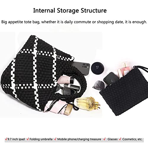 Fashion Hobo Bag Handmade Woven Casual Female Handbag Large Capacity Neoprene Tote Bag Patchwork Women Shoulder Bags (Black)