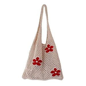 nichalous flower crochet tote bag, women tourist beach handbag aesthetic hobo bag tote bag weaving large capacity handbag（apricot）