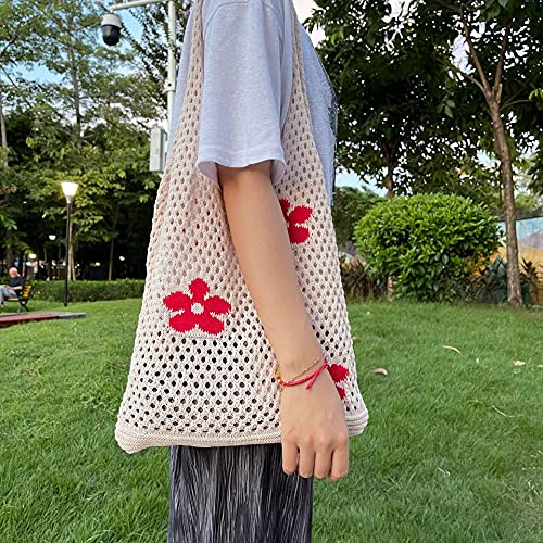 Nichalous Flower Crochet Tote Bag, Women Tourist Beach Handbag Aesthetic Hobo Bag Tote Bag Weaving Large Capacity Handbag（apricot）