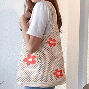 Nichalous Flower Crochet Tote Bag, Women Tourist Beach Handbag Aesthetic Hobo Bag Tote Bag Weaving Large Capacity Handbag（apricot）