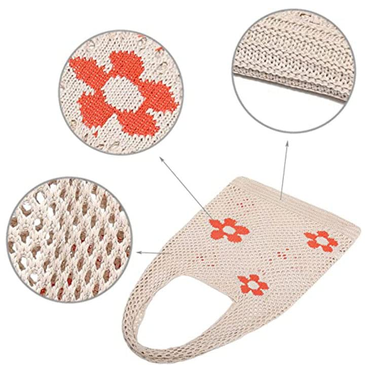 Nichalous Flower Crochet Tote Bag, Women Tourist Beach Handbag Aesthetic Hobo Bag Tote Bag Weaving Large Capacity Handbag（apricot）