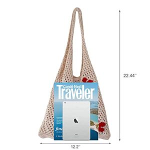 Nichalous Flower Crochet Tote Bag, Women Tourist Beach Handbag Aesthetic Hobo Bag Tote Bag Weaving Large Capacity Handbag（apricot）