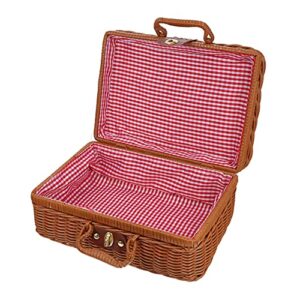 doitool 1pc rattan suitcase picnic basket with liner, retro wicker woven storage case for picnic, vintage rattan handbag with handles and leather strap metal lock for camping, photo prop ( brown )