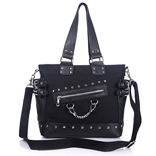 Women Canvas Handbags Rivet Tote Shoulder Crossbody Bag Punk Hobo Purse, Black Rivet