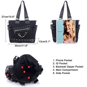 Women Canvas Handbags Rivet Tote Shoulder Crossbody Bag Punk Hobo Purse, Black Rivet