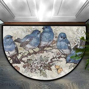 pardick vintage blue bird branch half round door mat, cute animal non-slip half circle area rug doormat absorbent half moon rug for indoor outdoor kitchen bedroom home decor