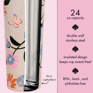 Kate Spade New York Cute Stainless Steel Mug, 24 Ounce Travel Tumbler, Double Wall Insulated Cup with Lid, Floral Garden