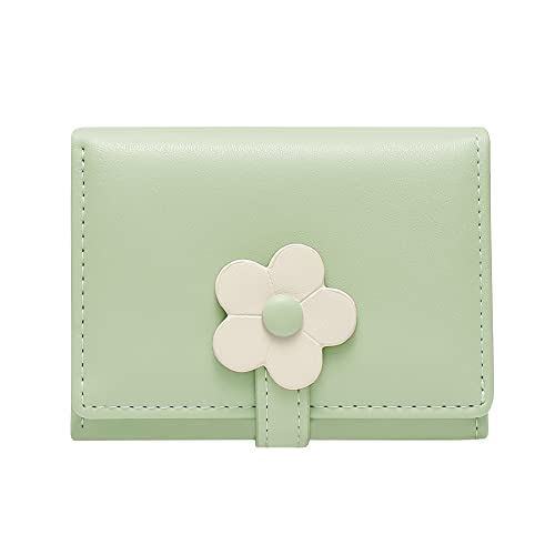 Sunwel Fashion Small Cute Trifold Wallet Slim Wallet ID/Photo Window Card Holder with 3D Flower Pattern Buckle for Women Girls (GREEN)