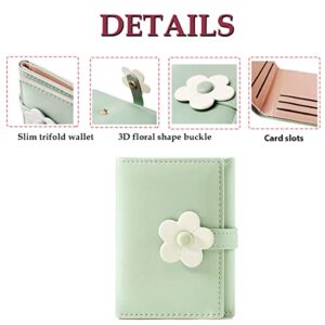 Sunwel Fashion Small Cute Trifold Wallet Slim Wallet ID/Photo Window Card Holder with 3D Flower Pattern Buckle for Women Girls (GREEN)