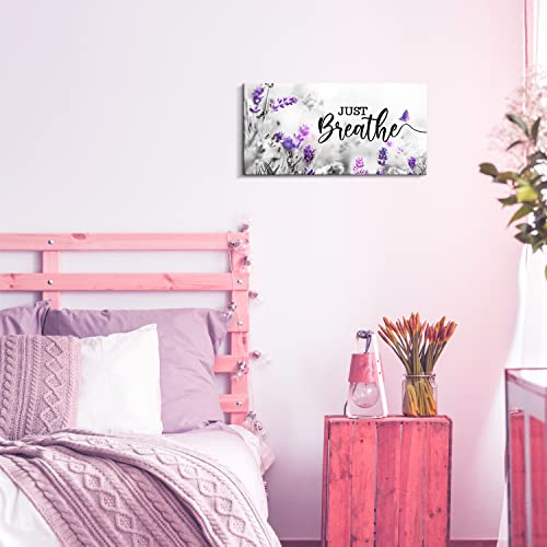 Creoate Just Breathe Bedroom Wall Art, Purple Lavender Picture with Inspirational Quotes Canvas Print Artwork for Home Decoration